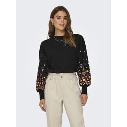 Only Damen Sweatshirt "ONLBROOKE L/S O-NECK FLOWER SWT", schwarz, Gr. XS, bedruckt, Sweatware, Obermaterial: 60% Baumwolle, 40% Polyester, Sweatshirts