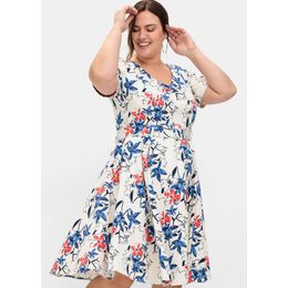 sheego Damen Cocktailkleid "Abendkleid", bunt, Gr. 44, gebl&uuml;mt, gemustert, mehrfarbig, 97% Baumwolle, 3% Elasthan, Kleider