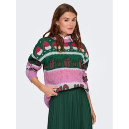 Only Damen Weihnachtspullover "ONLXMAS HOHO LS PULLOVER KNT"fuchsia pink pattern:with gr&uuml;n jacket, cd, salsa, schwarz, Gr. L, gemustert, Strick,