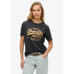 Superdry Damen Kurzarmshirt "VL METALLIC RELAXED TEE", schwarz, Gr. XS, bedruckt, Single Jersey, Obermaterial: 100% Baumwolle, Shirts