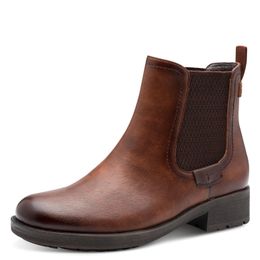 Tamaris Damen Chelseaboots, Gr. 38, braun, Elastischer Einsatz, Lederimitat, unifarben, used, Schuhe, Blockabsatz, Stiefelette, Schlupfschuh im Used