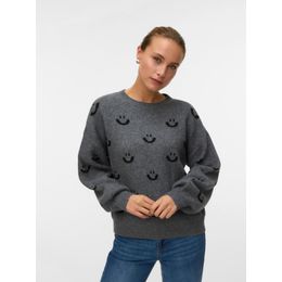 V&eacute;ro Moda VERO MODA Damen Strickpullover "AWHEART LS O-NECK KNIT NOOS"dunkelgrau melange aop:smiley schwarz, Gr. S, bedruckt, Strick, Obermaterial: 58%