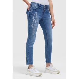 SOCCX Damen Slim-fit-Jeans, blau, Gr. 33, bedruckt, Denim/Jeans, Material: 63% Baumwolle, 23% Polyester, 12% Viskose, 2% Elasthan, Zusatz: Enth&auml;lt