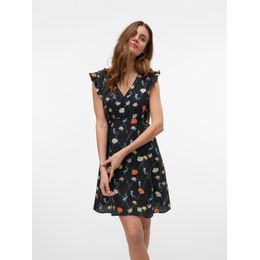V&eacute;ro Moda VERO MODA Damen Maxikleid "VMFLORA OLGA CS SHORT DRESS WVN GA", schwarz, Gr. S, bedruckt, Web, Obermaterial: 75% Viskose, 20% Polyester, 5% Leinen,