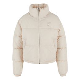 Winterjacke Karl Kani "Karl Kani Karl Kani OG AOP Crop Puffer Jacket", Damen, Gr. L, sand, 100% Polyester, mehrfarbig, normal, amerikanischer Ausschnitt, Jacken Winterjacke