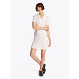 Polokleid Tommy Hilfiger "SLIM OPEN NK POLO DRESS SS", Damen, Gr. M (38), N-Gr, beige (ecru), Jersey, Obermaterial: 95% Baumwolle, 5% Elasthan, unifarben, figurbetont, V-Ausschnitt, Kleider, mit gestickter Tommy Hilfiger Flagge