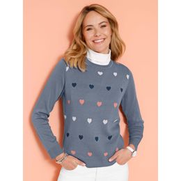 Strickpullover Classic Basics "Rundhals-Pullover", Damen, Gr. 38, blau (taubenblau, ecru, gemustert), 100% Polyacryl, gemustert, mehrfarbig, Pullover Strickpullover
