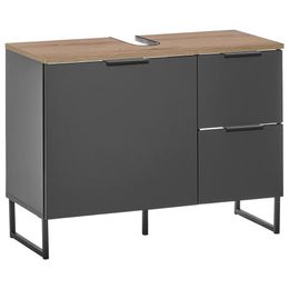 Waschbeckenunterschrank Denver, Schwarz, Eiche, Metall, 1 F&auml;cher, 2 Schublade(n) Schubladen, 80x60x35 cm, Fsc, stehend, Badezimmer, Badezimmerschr&auml;nke, Waschbeckenunterschr&auml;nke