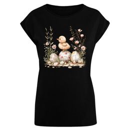 F4NT4STIC Extended Shoulder T-Shirt Ostern K&uuml;ken Ei Blumen in schwarz | Gr.: 3XL