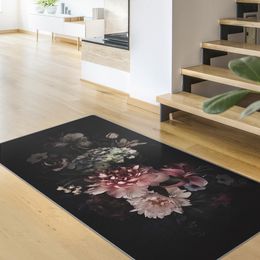 Bilderwelten Teppich Blumen mit Nebel auf Schwarz - Webteppich Gewebeteppich waschbar - Schlafzimmer Wohnzimmer