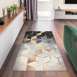 Teppich Blau Wei&szlig; goldene Geometrie