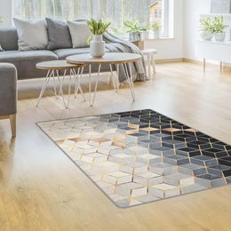 Teppich Blau Wei&szlig; goldene Geometrie
