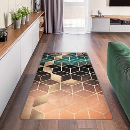 Bilderwelten Teppich T&uuml;rkis Ros&eacute; goldene Geometrie - abstrakt Webteppich Gewebeteppich waschbar - Schlafzimmer Wohnzimmer Esszimmer