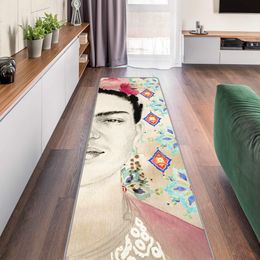 Bilderwelten Teppich Frida mit rosa Bl&uuml;ten - Webteppich Gewebeteppich waschbar - Schlafzimmer Wohnzimmer Esszimmer K&uuml;che