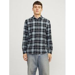 Jack & Jones Langarmhemd JACK & JONES "JJJOSHUA FALL FLANNEL SHIRT LS", Herren, Gr. M, N-Gr, blau (goblin blau), Web, Obermaterial: 60% Baumwolle, 40% Polyester, unifarben, slim fit, 2-Knopf-Manschette, Hemden
