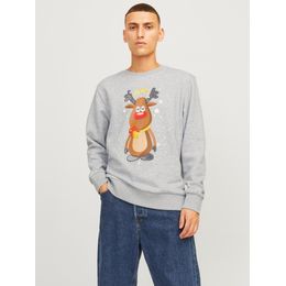 Jack & Jones Sweatshirt JACK & JONES "JJXMAS JOLLY SWEAT CREW NECK", Herren, Gr. S, grau (light grau melange), angeraute Sweatware, Obermaterial: 82% Baumwolle, 13% Polyester, 5% Viskose, bedruckt, meliert, normal, Rundhals, Rippbündchen, Sweatshirts Sweatshirt