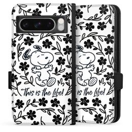 DeinDesign Google Pixel 8 Pro Handy Klapph&uuml;lle Handyh&uuml;lle aus Kunst Leder schwarz Flip Case Peanuts Flowers Snoopy Sideflip mit Lasche