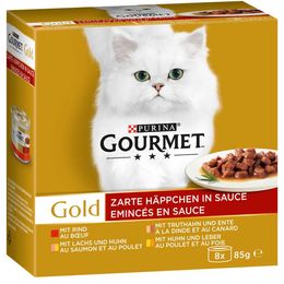 Gourmet Gold Zarte H&auml;ppchen in Sauce Mixpaket Katzen-Nassfutter Alleinfuttermittel 8x85g