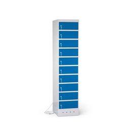 Laptopschrank mit Ladefunktion, 10 Abteile mit Zylinderschloss, CH-Stecker, Stahlblech lichtgrau RAL 7035/enzianblau RAL 5010