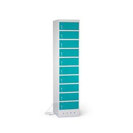 Laptopschrank mit Ladefunktion, 10 Abteile mit Zylinderschloss, CH-Stecker, Stahlblech lichtgrau RAL 7035/t&uuml;rkisblau RAL 5018