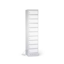 Laptopschrank mit Ladefunktion, 10 Abteile mit Zylinderschloss, CH-Stecker, Stahlblech lichtgrau RAL 7035/reinwei&szlig; RAL 9010