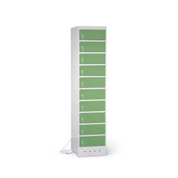 Laptopschrank mit Ladefunktion, 10 Abteile mit Zylinderschloss, CH-Stecker, Stahlblech lichtgrau RAL 7035/resedagr&uuml;n RAL 6011