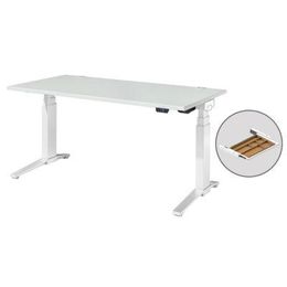 Sch&auml;fer Shop Sch&auml;fer Shop Genius Schreibtisch ERGOSTYLE S, Rechteck, 2-stufig elektrisch h&ouml;henverstellbar, C-Fu&szlig;, B 1600 x T 800 x H 635-1305 mm, inkl. Memory Master + Schublade, lichtgrau/wei&szlig;
