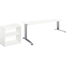 Schäfer Shop 2 tlg. Büromöbel-Set Schäfer Shop Select Login, Schreibtisch, B 1600 mm, weiß/weißaluminium RAL 9006 + Anstell-/Aufsatz-Regal 2OH in Weiß