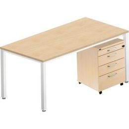 Komplettset BEXXSTAR, Schreibtisch 1600 mm breit und Rollcontainer, Quadratrohrfu&szlig;, Ahorn-Dekor