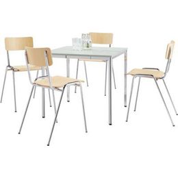 Sparset Stapelst&uuml;hle, Buchenholz, Sitzma&szlig;e B 452 x T 500 x H 803 mm, 4 St&uuml;ck + Konferenztisch, lichtgrau, B 800 x T 800 x H 720 mm