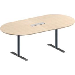 Sch&auml;fer Shop Sch&auml;fer Shop Genius Konferenztisch MODENA FLEX, 6-fach Anschluss, Oval, T-Fu&szlig; Rundrohr, B 2000 x T 1000 x H 650-850 mm, Ahorn/wei&szlig;alu