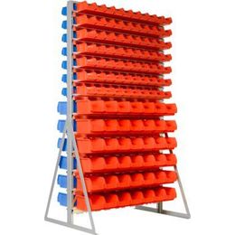 Sch&auml;fer Shop St&auml;nderregal, 2-seitig best&uuml;ckbar, 26 Reihen, 2 x 70 Sichtlagerk&auml;sten SSI Sch&auml;fer Serie PROFI LF 211 rot/blau & 2 x 42 Sichtlagerk&auml;sten Serie PROFI LF 221 rot/blau, B 1145 x T 800 x H 1950 mm
