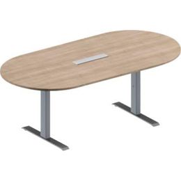 Sch&auml;fer Shop Sch&auml;fer Shop Genius Konferenztisch MODENA FLEX, 6-fach Anschluss, Oval, T-Fu&szlig; Rechteckrohr, B 2000 x T 1000 x H 650-850 mm, Eiche-Dekor/wei&szlig;alu