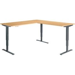 Sch&auml;fer Shop Winkelschreibtisch AERO FLEX, elektrisch h&ouml;henverstellbar, 90&deg; Winkel, T-Fu&szlig;, B 2000 x T 2000 mm, Buche/anthrazit + Memorypanel