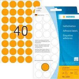 Herma Klebepunkte 2254, &Oslash; 19 mm, selbstklebend, permanenthaftend, per Hand beschreibbar, 960 St&uuml;ck auf 24 Blatt, FSC&reg;-Papier, leuchtorange