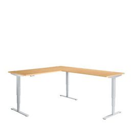 Sch&auml;fer Shop Winkelschreibtisch AERO FLEX, elektrisch h&ouml;henverstellbar, 90&deg; Winkel, T-Fu&szlig;, B 2000 x T 2400 mm, Buche/wei&szlig;alu + Memorypanel