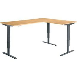 Sch&auml;fer Shop Winkelschreibtisch AERO FLEX, elektrisch h&ouml;henverstellbar, 90&deg; Winkel, T-Fu&szlig;, B 2000 x T 1600 mm, Buche/anthrazit + Memorypanel
