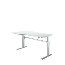 Schreibtisch Standard, elektrisch h&ouml;henverstellbar, Freiform, Ansatz links, C-Fu&szlig;, B 1800 x T 1000/800 x H 725-1185 mm, lichtgrau/wei&szlig;alu