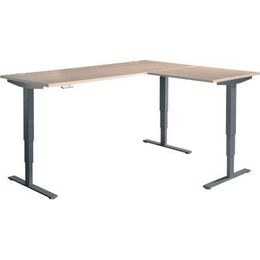 Sch&auml;fer Shop Winkelschreibtisch AERO FLEX, elektrisch h&ouml;henverstellbar, 90&deg; Winkel, T-Fu&szlig;, B 2000 x T 2400 mm, Eiche/anthrazit + Memorypanel
