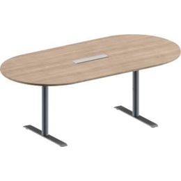 Sch&auml;fer Shop Sch&auml;fer Shop Genius Konferenztisch MODENA FLEX, 6-fach Anschluss, Oval, T-Fu&szlig; Rundrohr, B 2000 x T 1000 x H 650-850 mm, Eiche-Dekor/wei&szlig;alu