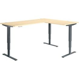 Sch&auml;fer Shop Winkelschreibtisch AERO FLEX, elektrisch h&ouml;henverstellbar, 90&deg; Winkel, T-Fu&szlig;, B 2000 x T 1600 mm, Ahorn/anthrazit + Memorypanel