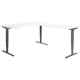 Sch&auml;fer Shop Winkelschreibtisch AERO FLEX, elektrisch h&ouml;henverstellbar, 90&deg; Winkel, T-Fu&szlig;, B 2000 x T 2400 mm, wei&szlig;/anthrazit + Memorypanel