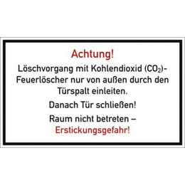 moedel Warnschild &bdquo;L&ouml;schvorgang mit CO2-Feuerl&ouml;scher durch T&uuml;rspalt&ldquo;, gem&auml;&szlig; DGUV 205-034, L 150 x B 250 mm, Folie, wei&szlig;-rot-schwarz