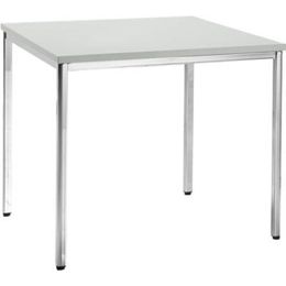 Konferenztisch, bis 4 Personen, Quadrat, 4-Fu&szlig; Quadratrohr, B 800 x T 800 x H 720 mm, lichtgrau/chromsilber