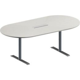 Sch&auml;fer Shop Sch&auml;fer Shop Genius Konferenztisch MODENA FLEX, 6-fach Anschluss, Oval, T-Fu&szlig; Rundrohr, B 2000 x T 1000 x H 650-850 mm, lichtgrau/wei&szlig;alu