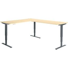 Sch&auml;fer Shop Winkelschreibtisch AERO FLEX, elektrisch h&ouml;henverstellbar, 90&deg; Winkel, T-Fu&szlig;, B 2000 x T 2400 mm, Ahorn/anthrazit + Memorypanel