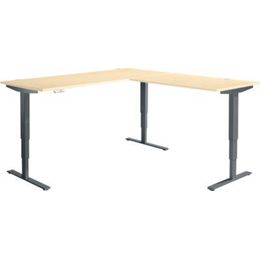 Sch&auml;fer Shop Winkelschreibtisch AERO FLEX, elektrisch h&ouml;henverstellbar, 90&deg; Winkel, T-Fu&szlig;, B 2000 x T 2000 mm, Ahorn/anthrazit + Memorypanel