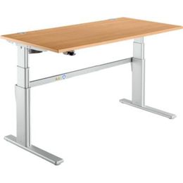 Schreibtisch Komfort, elektrisch h&ouml;henverstellbar, Rechteck, C-Fu&szlig;, B 1600 x T 800 x H 655-1305 mm, Buche/wei&szlig;aluminium RAL 9006