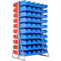 Sch&auml;fer Shop St&auml;nderregal, 2-seitig best&uuml;ckbar, 20 Reihen, inkl. 50 Sichtlagerk&auml;sten SSI Sch&auml;fer Serie PROFI LF 321 blau & 50 Sichtlagerk&auml;sten Serie PROFI LF 321 rot, B 1145 x T 800 x H 1950 mm