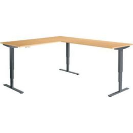 Sch&auml;fer Shop Winkelschreibtisch AERO FLEX, elektrisch h&ouml;henverstellbar, 90&deg; Winkel, T-Fu&szlig;, B 2000 x T 2400 mm, Buche/anthrazit + Memorypanel